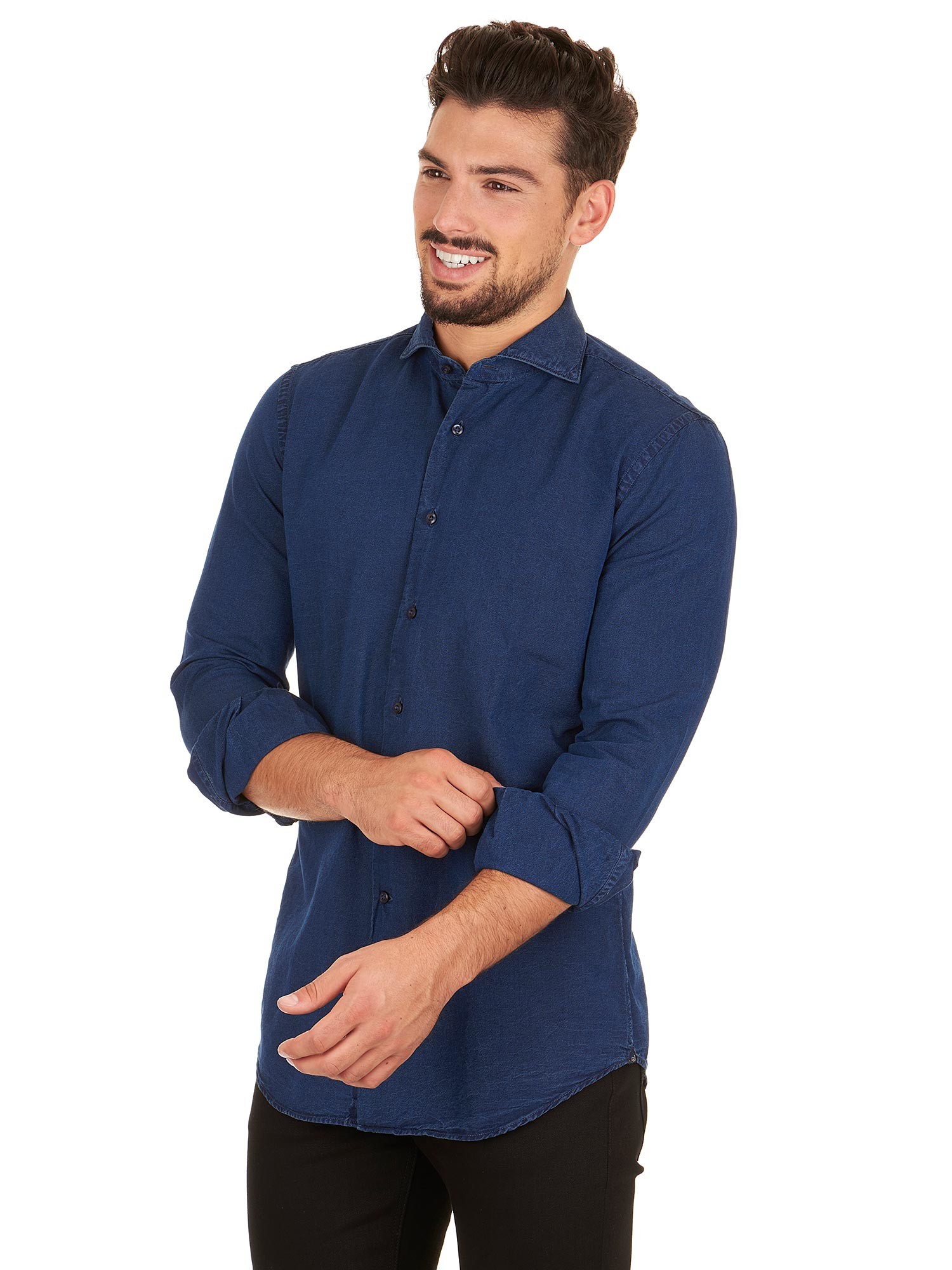 Blaues Herrenhemd Denim Haifisch-Kragen DelSiena