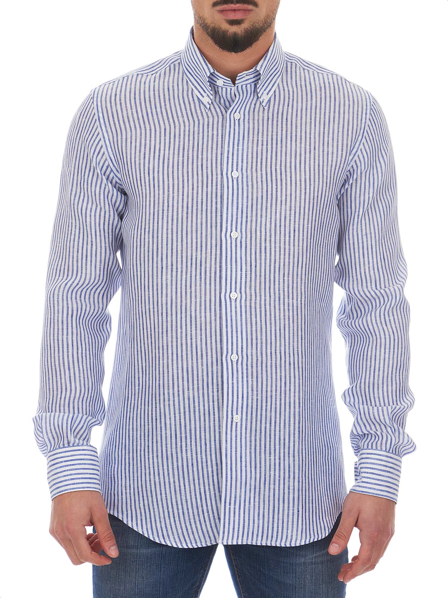 Del Siena - Camicia di lino a righe blu e bianca