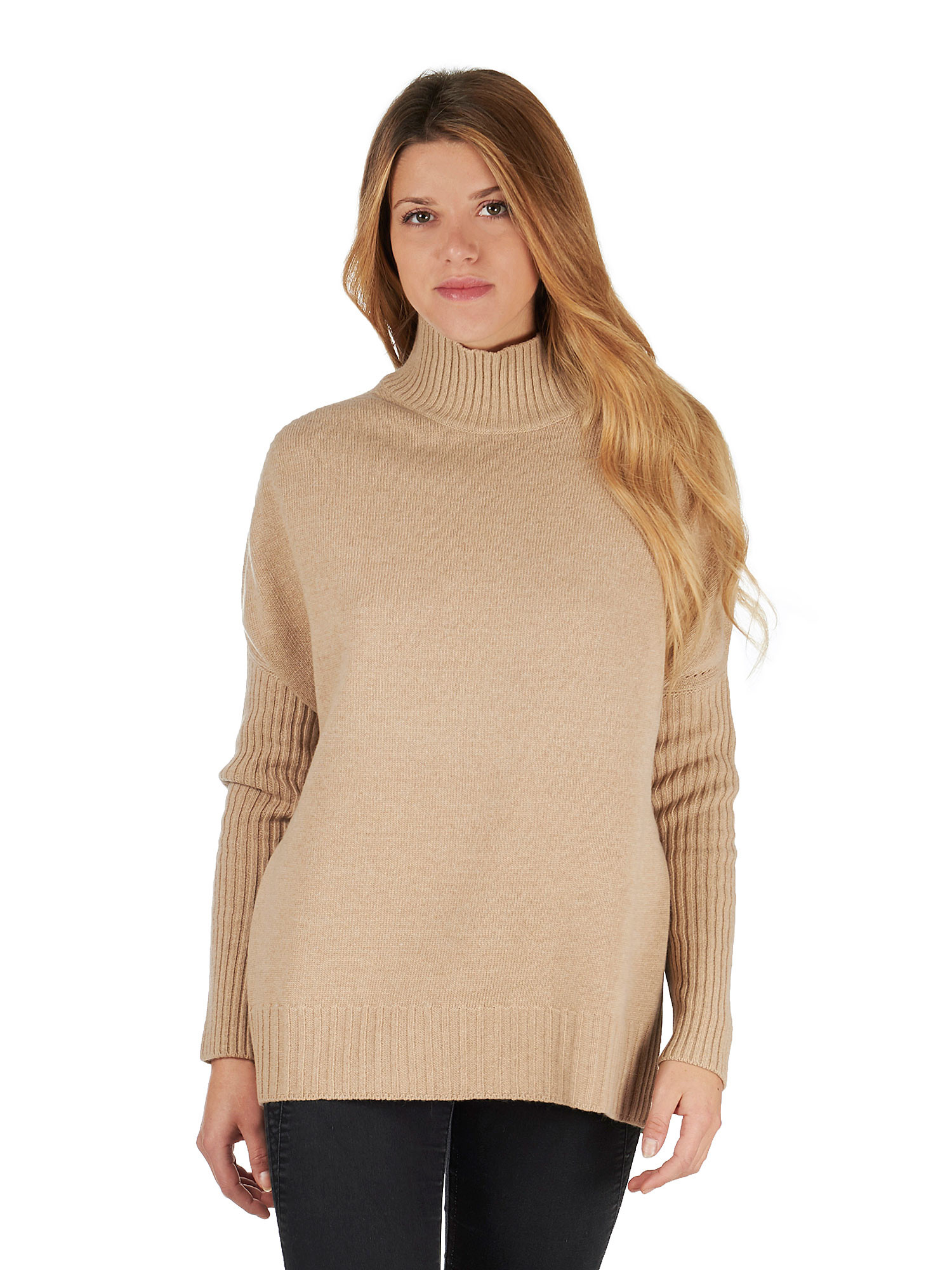 Beige merino wool sweater for women with turtleneck Mariani