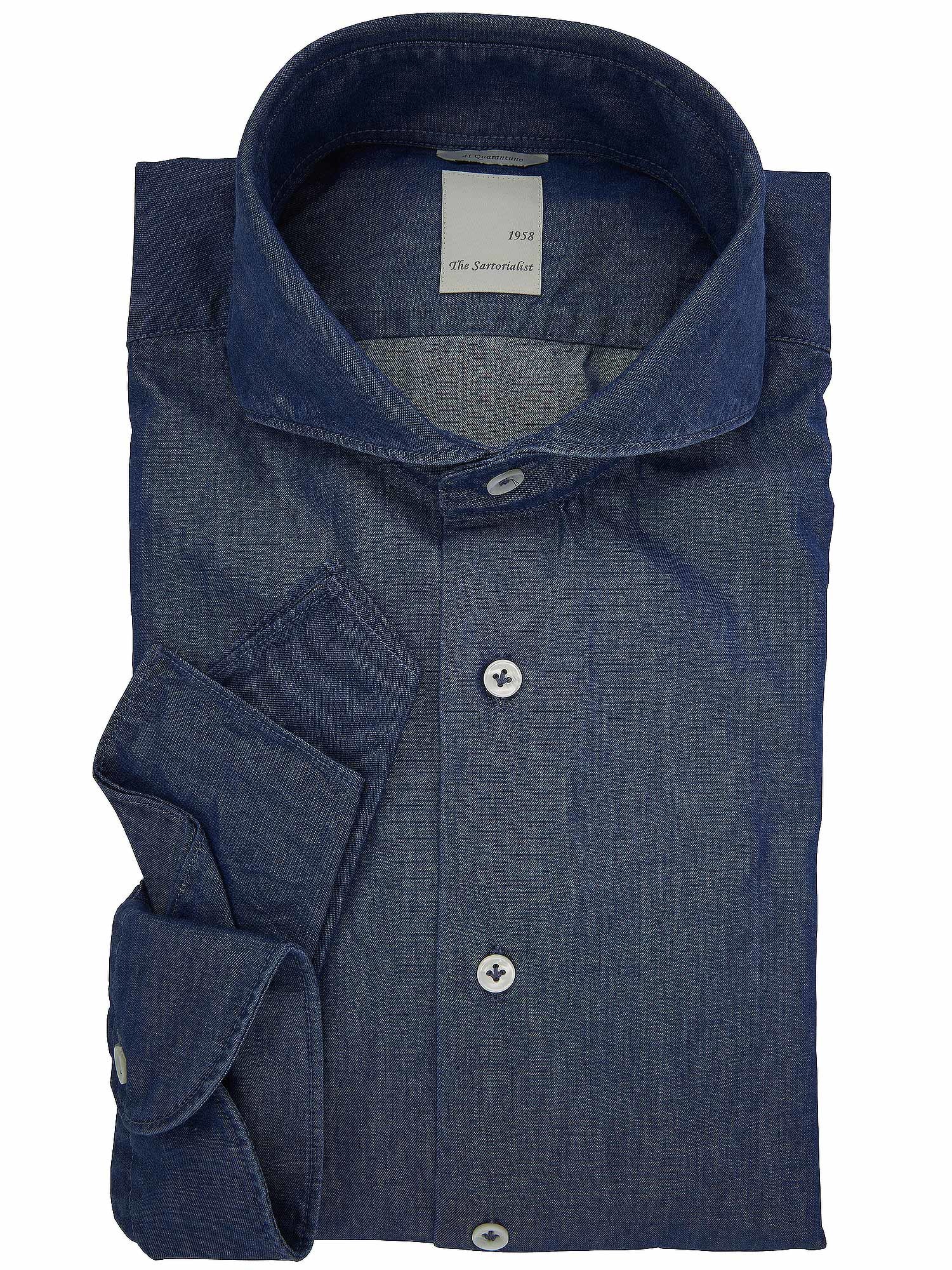 Men's denim shirt by The Sartorialist with pocket square and cutaway collar