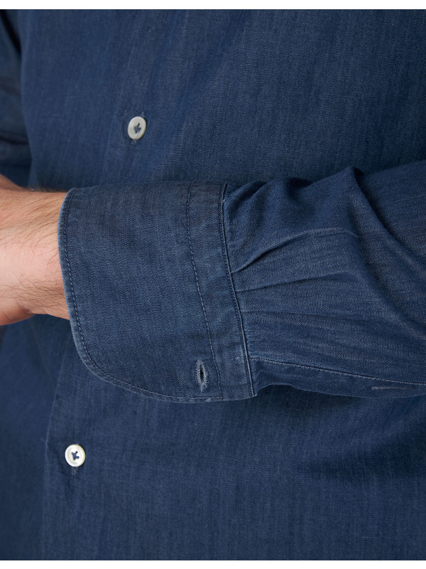 Men's denim shirt by The Sartorialist with pocket square and cutaway collar