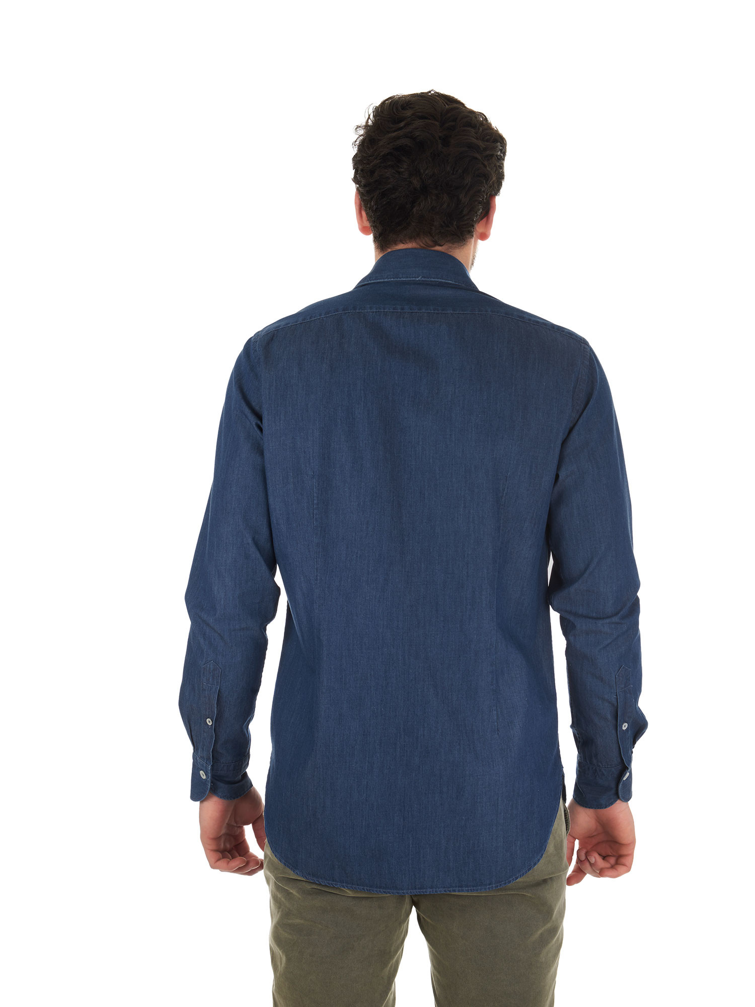 Men's denim shirt by The Sartorialist with pocket square and cutaway collar