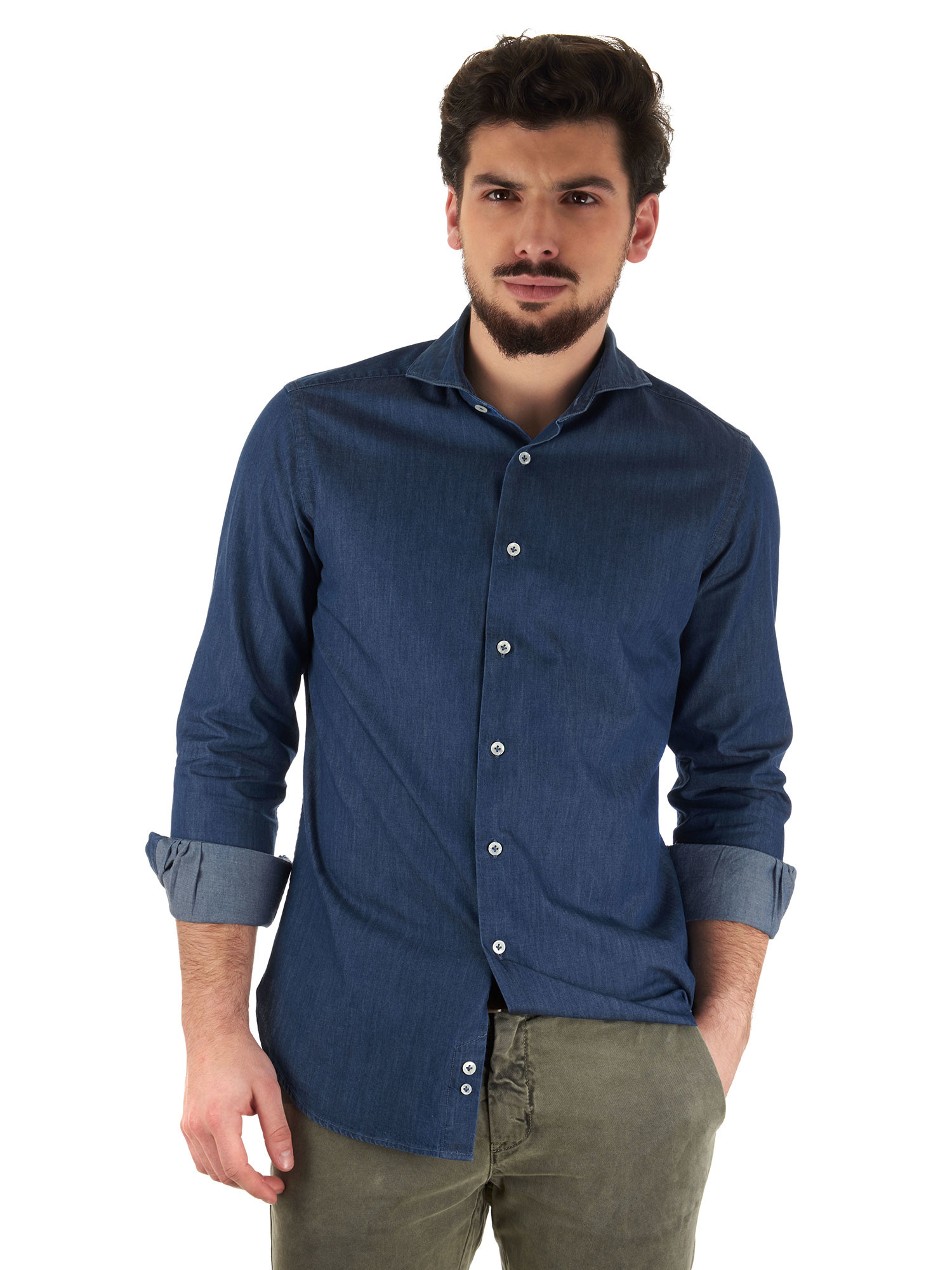 Men's denim shirt by The Sartorialist with pocket square and cutaway collar