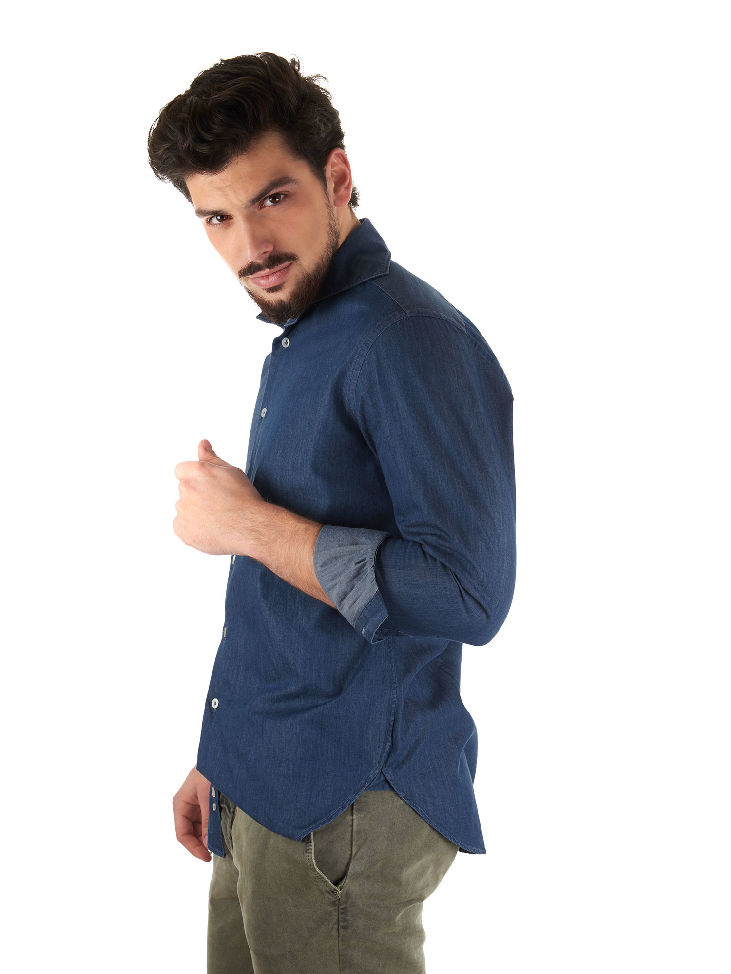 Men's denim shirt by The Sartorialist with pocket square and cutaway collar