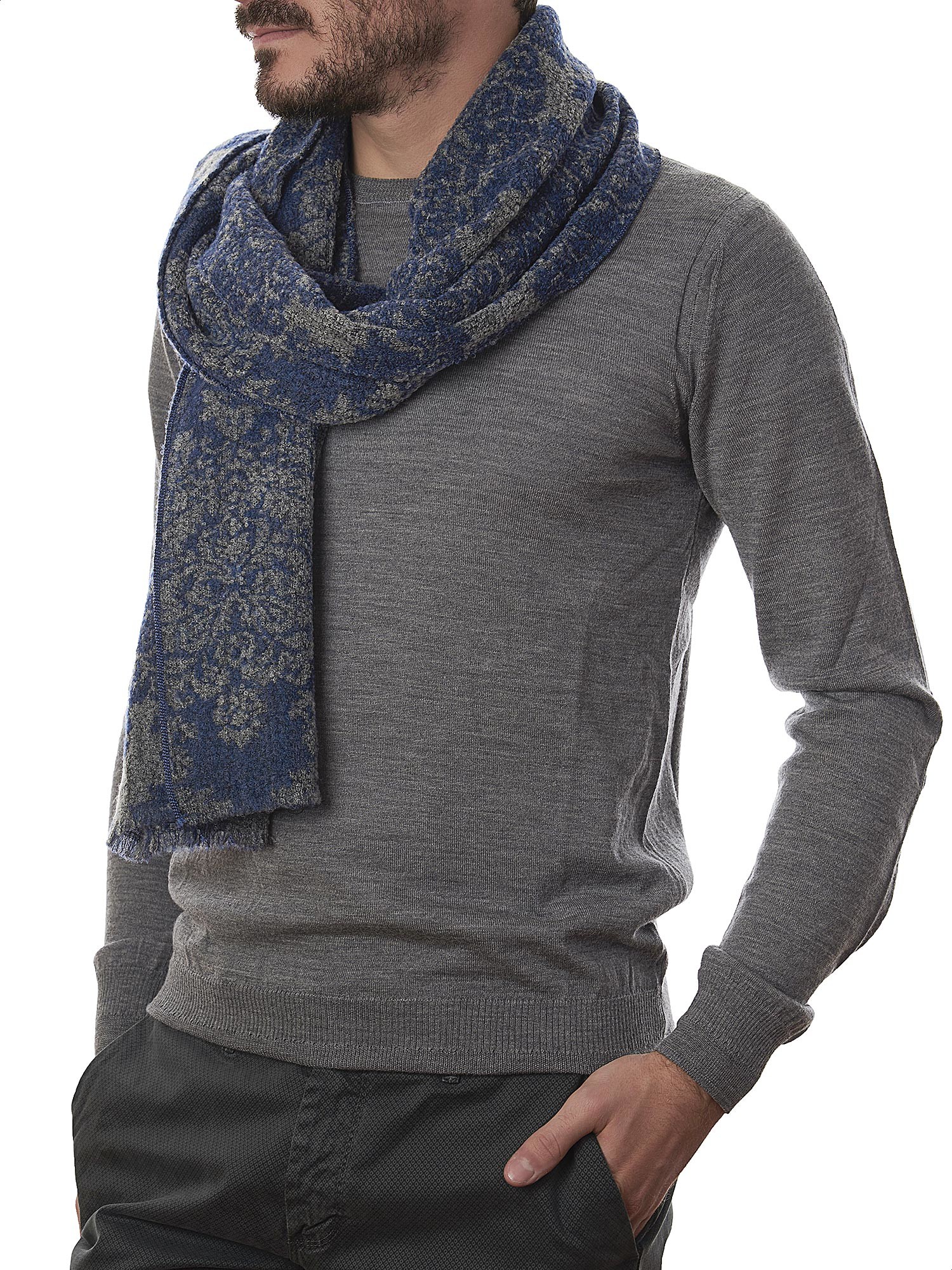 Men's scarf in blue and grey wool with floral pattern Rosi Collection
