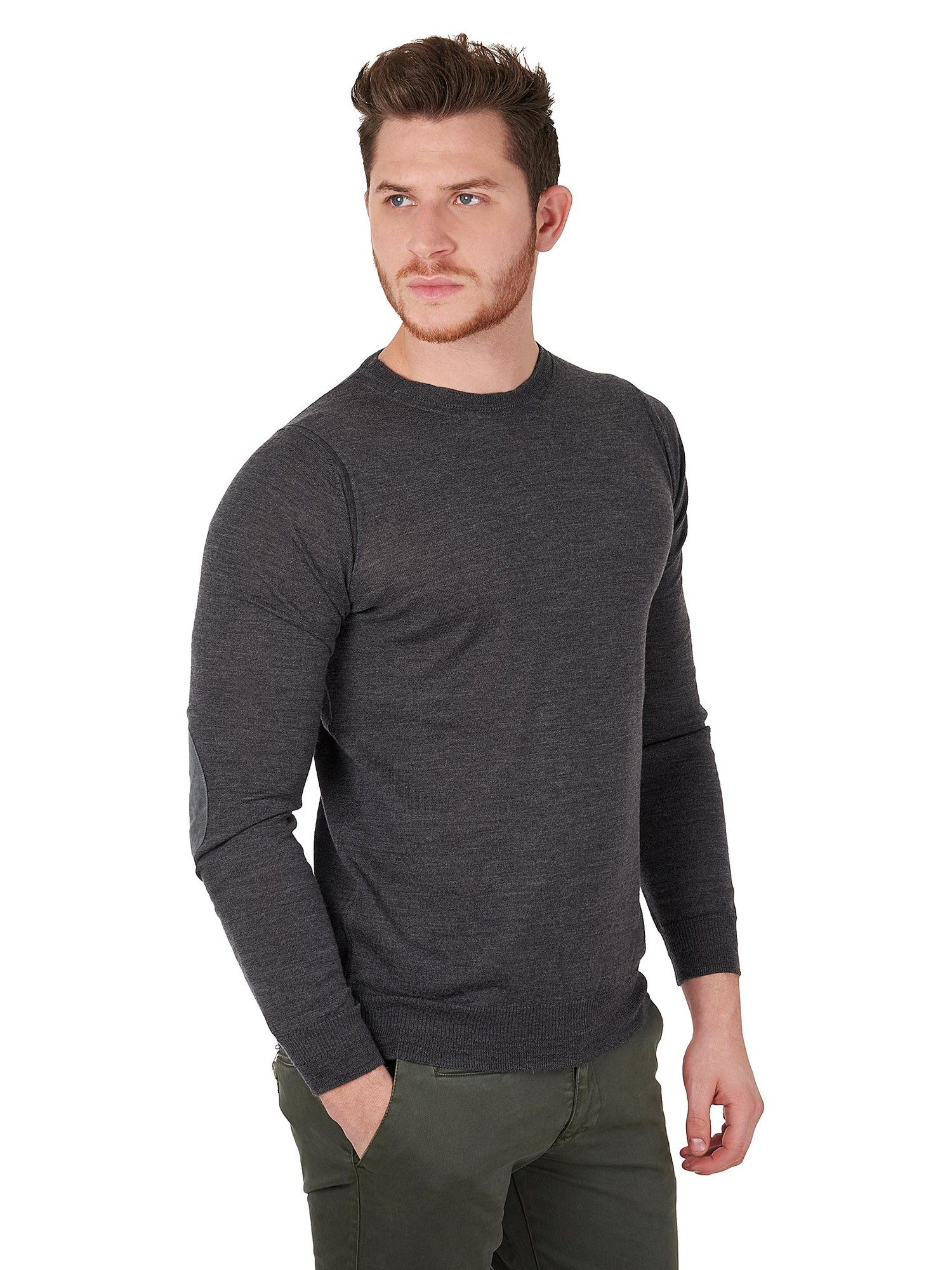 Dark gray men sweater with patches 100% merino wool