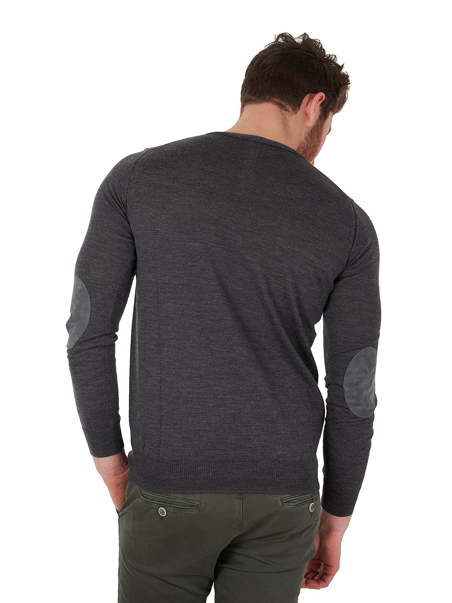 Dark gray men sweater with patches 100% merino wool