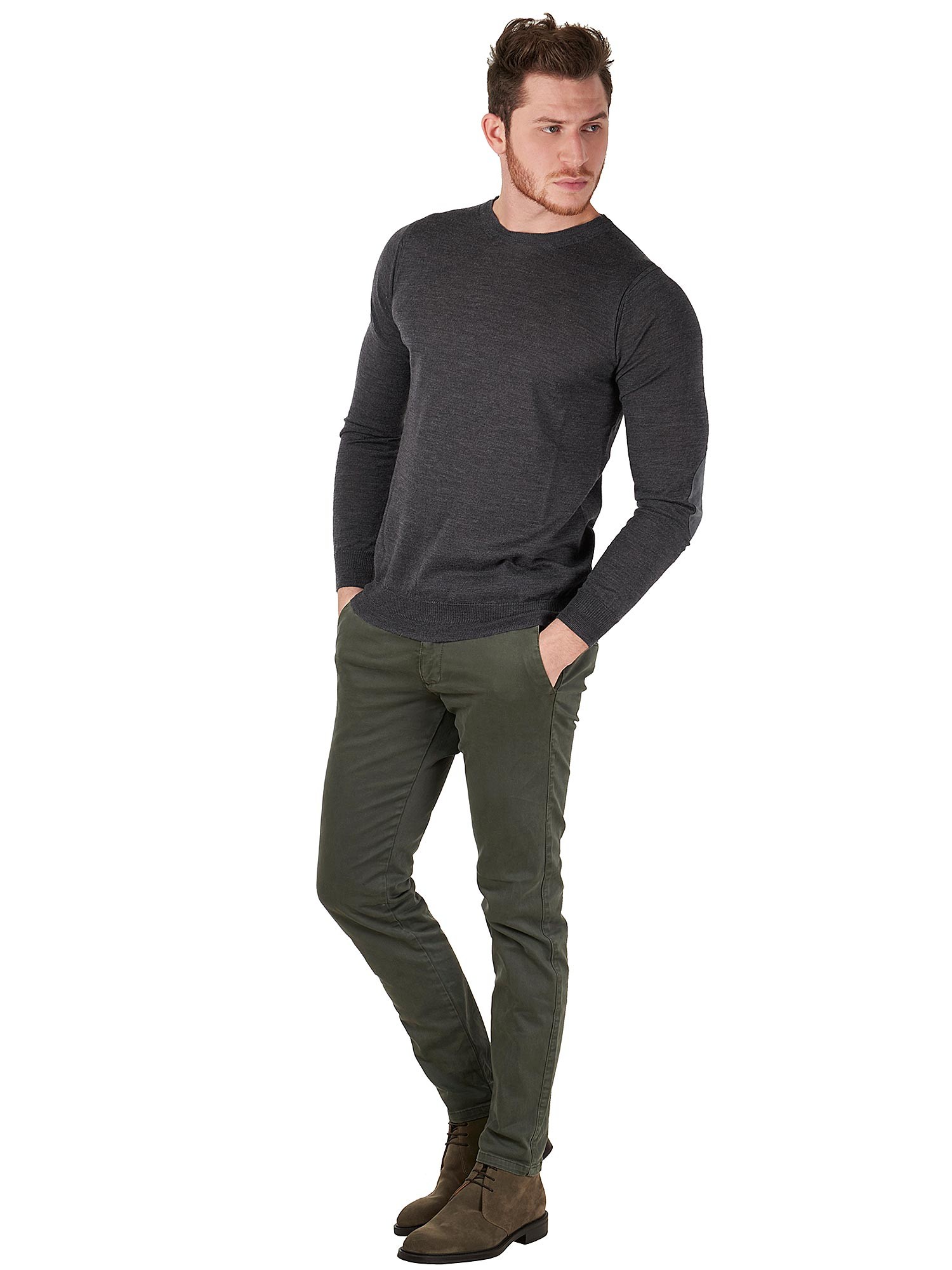 Dark gray men sweater with patches 100% merino wool